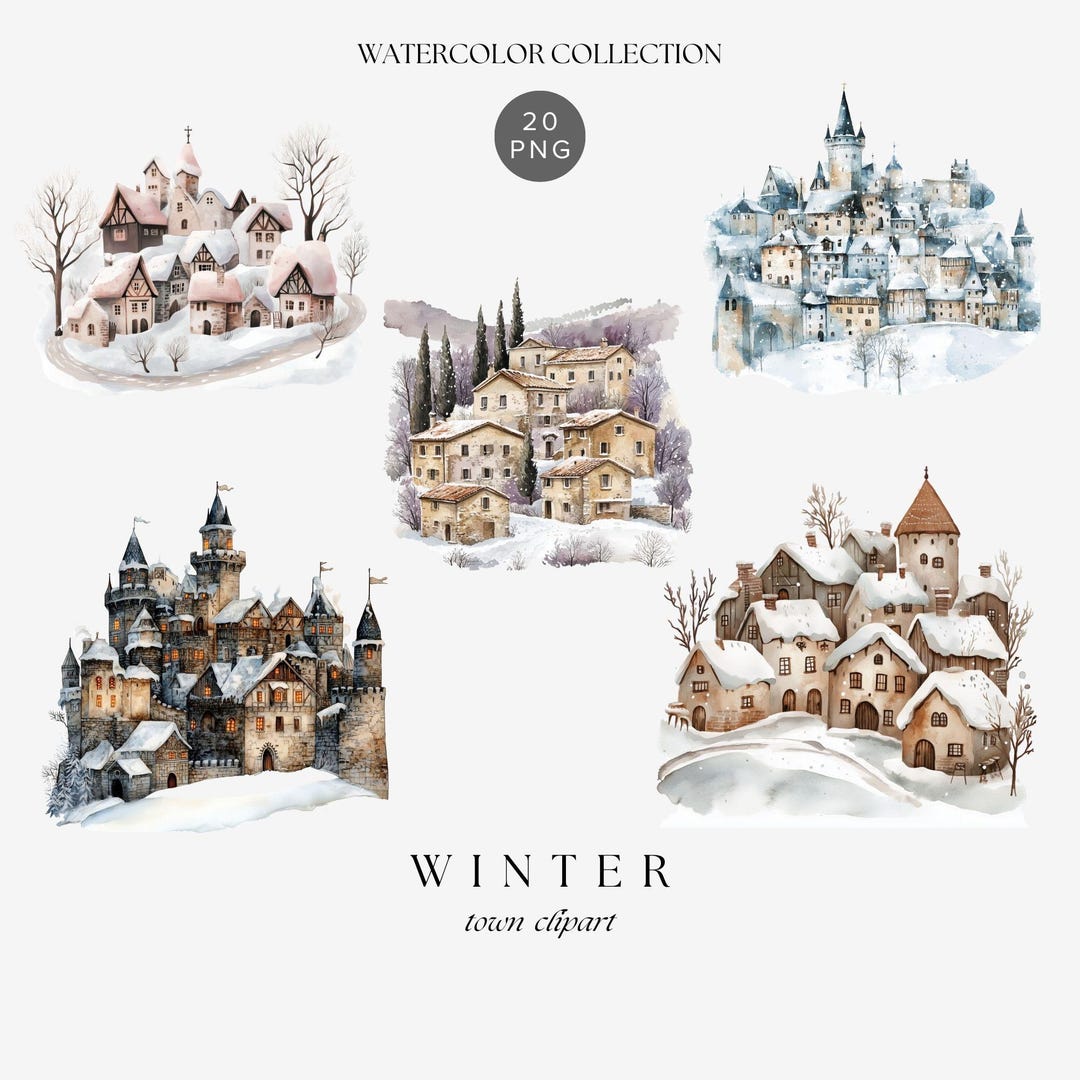 Watercolor Winter Town Clipart – Snowy Village Scene Art, Cozy Holiday ...