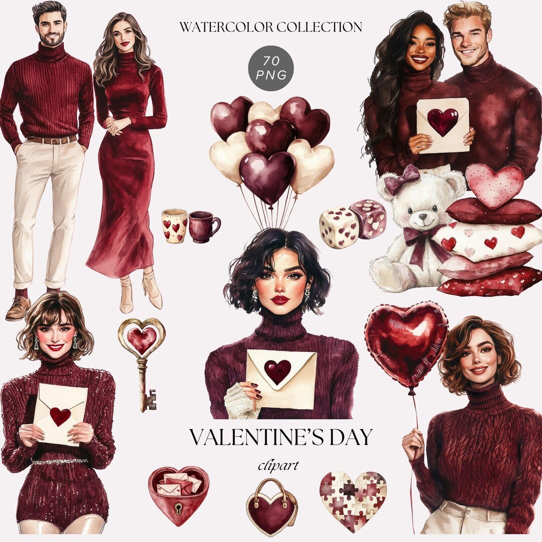 Watercolor Valentine Couple Clipart – Romantic Hearts & Balloons Art ...