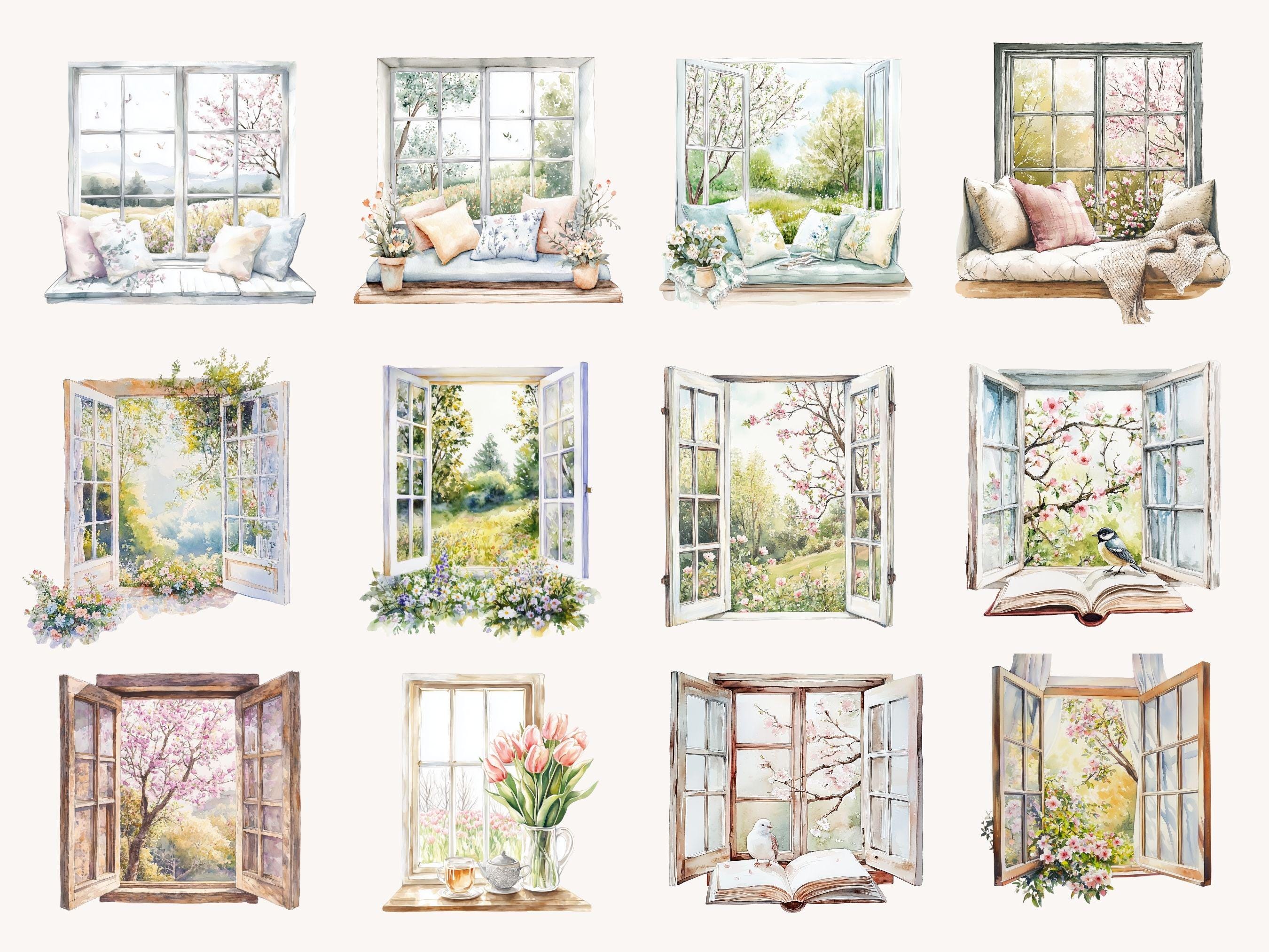 Watercolor Spring Windows Clipart, Spring Window View Clipart Png ...
