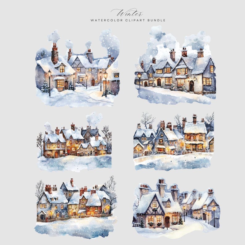 Watercolor Winter Village Clipart – Cozy Holiday Town Art, Snowy ...