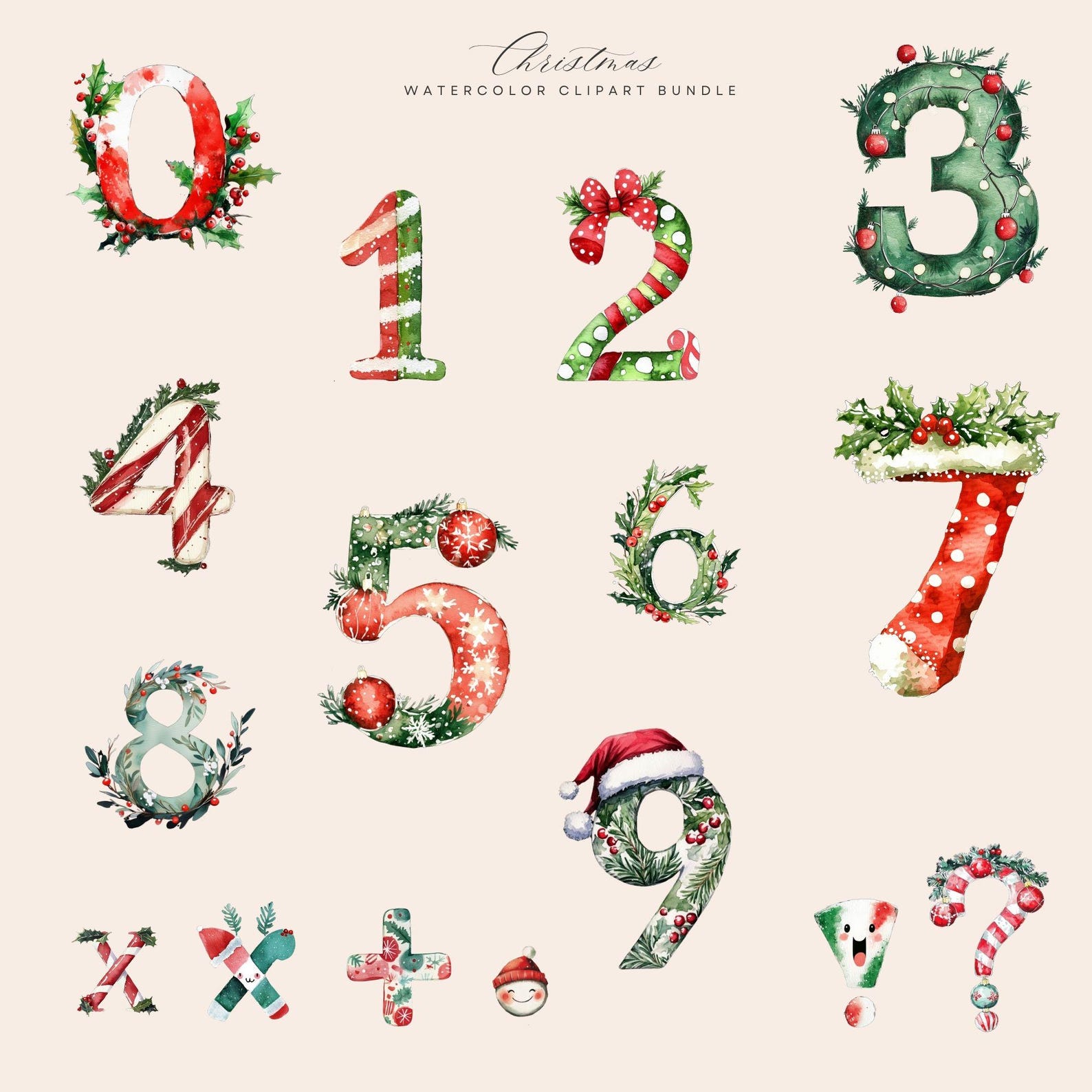 Christmas Alphabet Numbers Clipart – Watercolor Festive Letters PNG ...