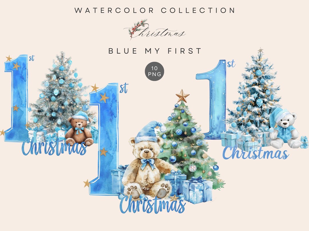 My First Christmas Clipart – Baby Boy 1st Holiday PNG, Teddy Bear Art ...