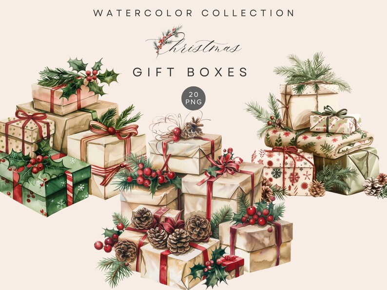Watercolor Christmas Gift Box Clipart – Festive Holiday Presents PNG ...