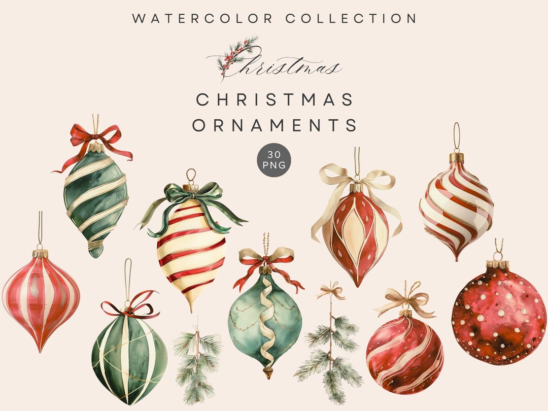 Watercolor Christmas Ornament Clipart – Red Green Bauble PNG, Festive ...