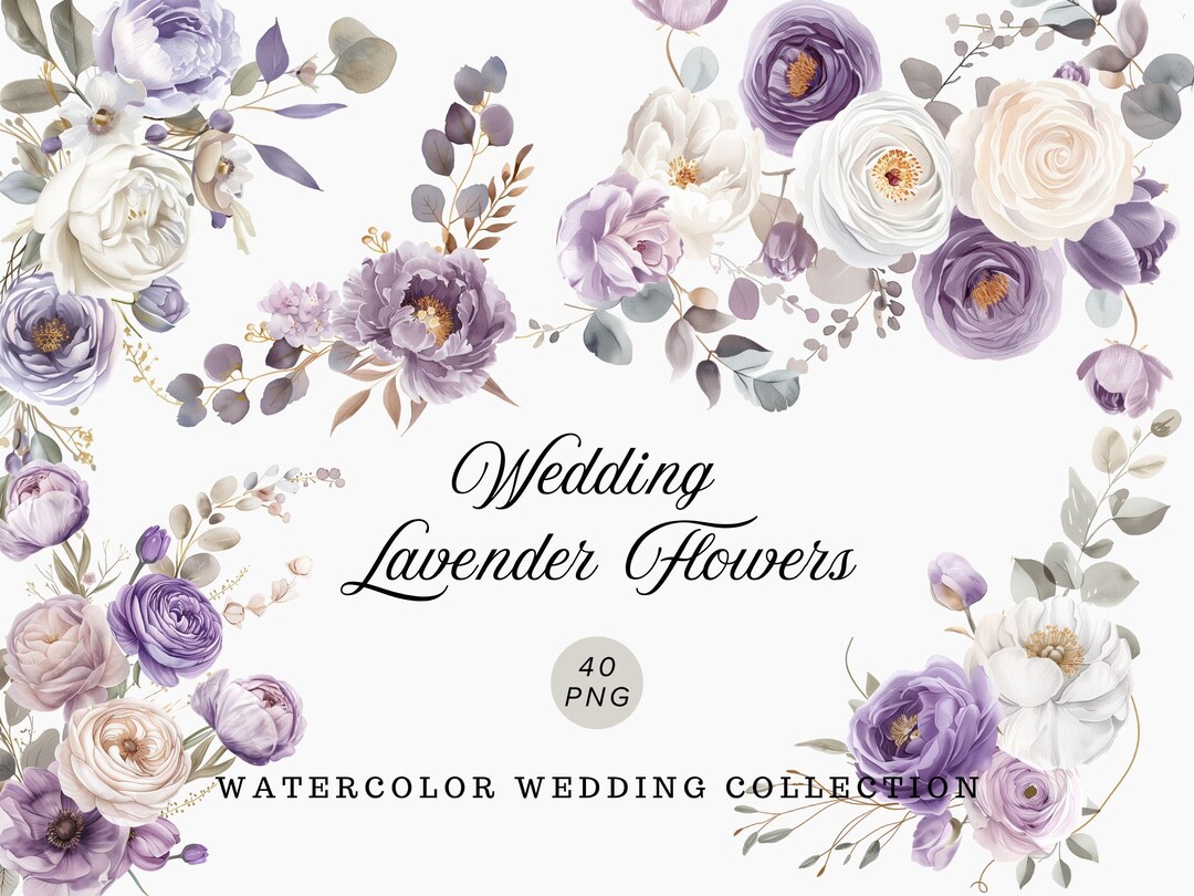 Watercolor Lavender Wedding Clipart, Purple Peony Bouquet (PNG Digital ...