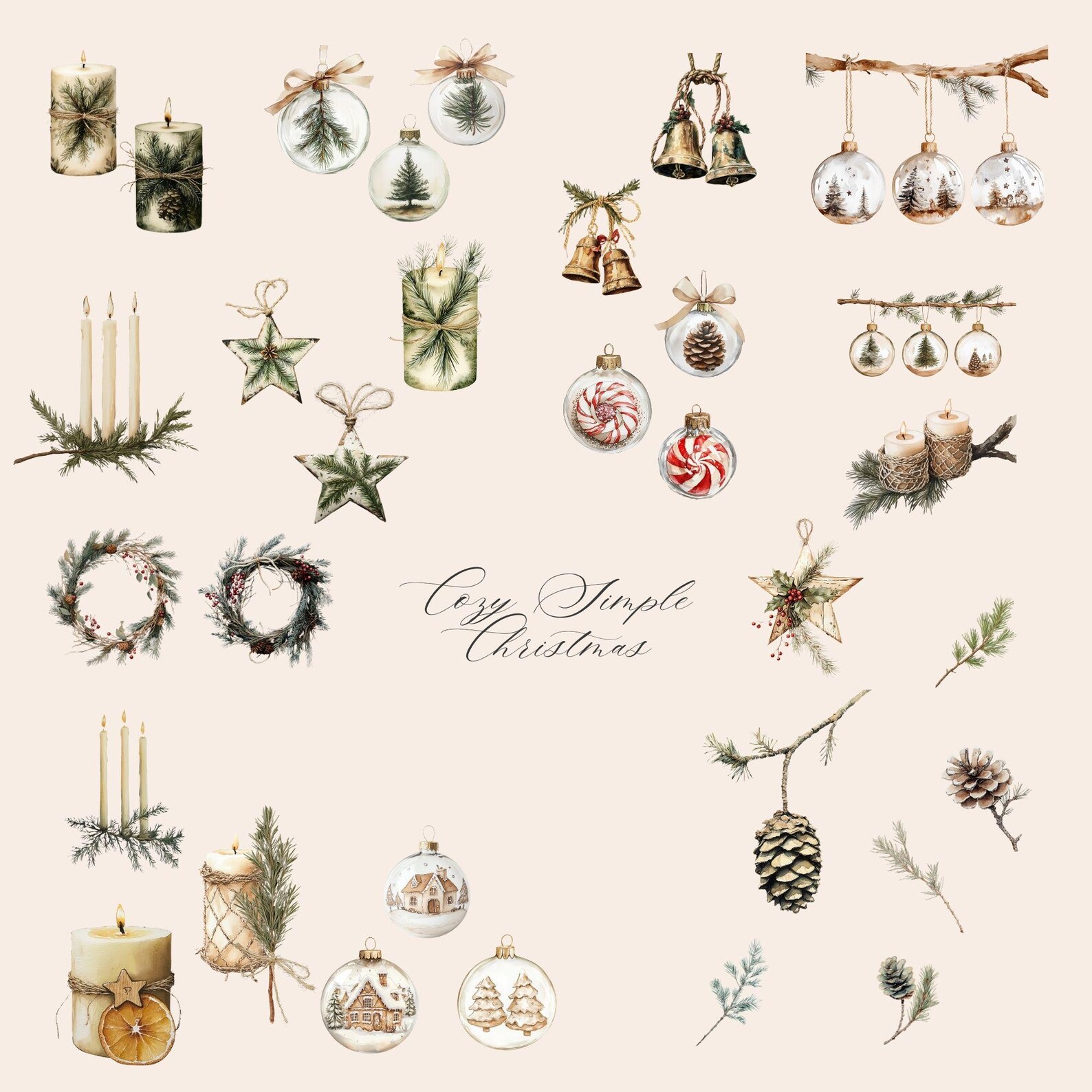 Watercolor Cozy Christmas Clipart Set – Neutral Holiday Decor PNG ...