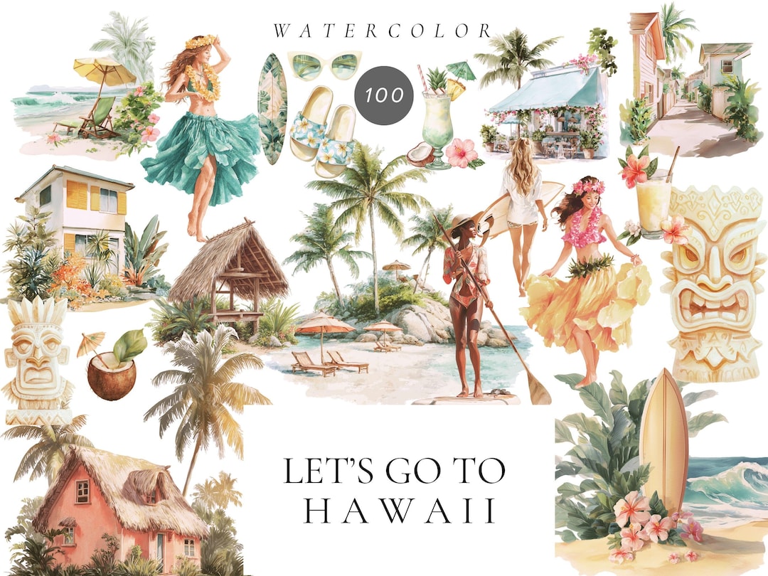 Watercolor Hawaii Clipart, Tropical Beach PNG Graphics (digital ...