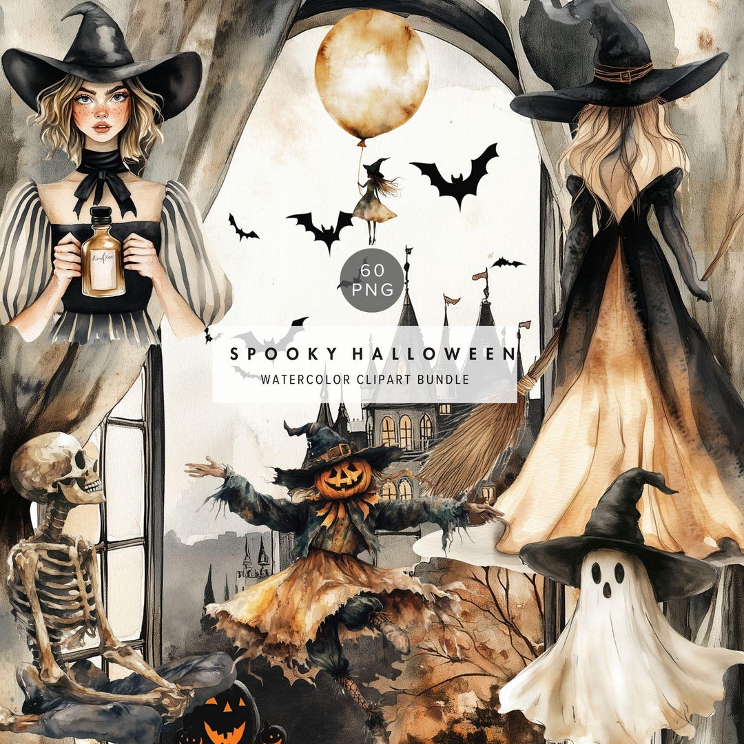 Watercolor Halloween Clipart – Ghost, Skeleton & Witch Art, Haunted ...