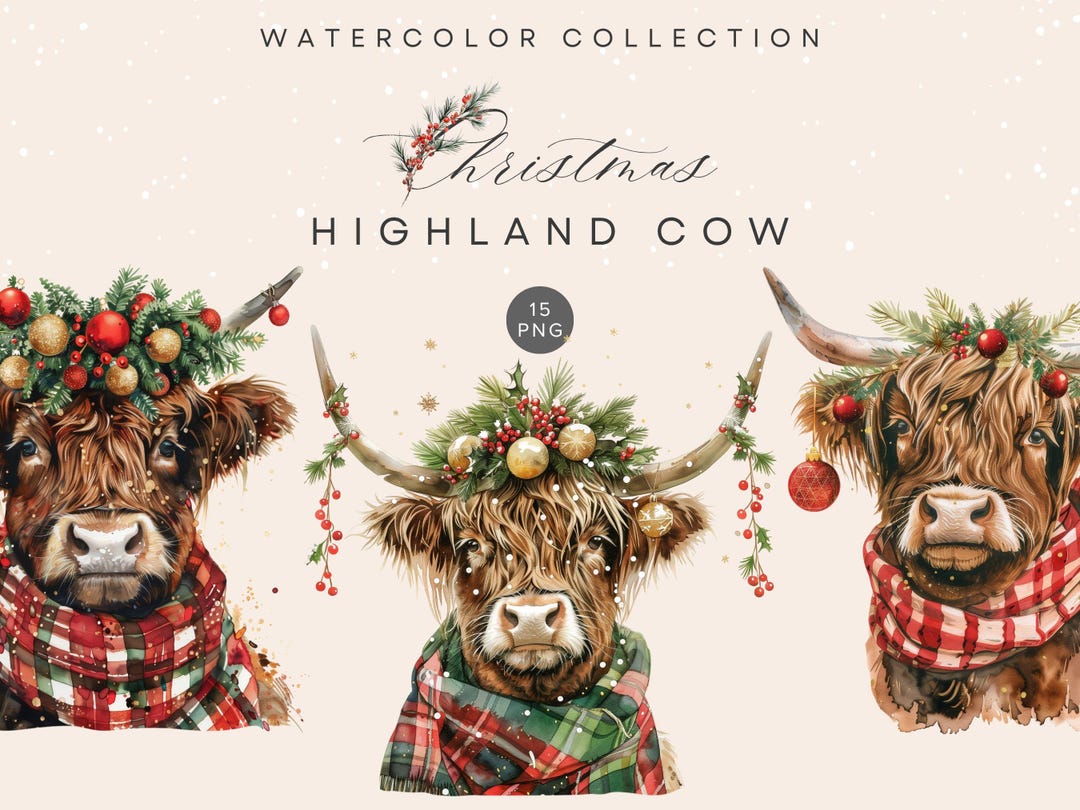 Watercolor Highland Cow Christmas Clipart – Rustic Farmhouse Holiday ...