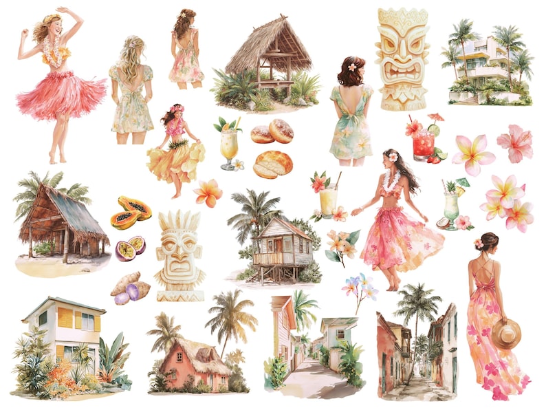 Watercolor Hawaii Clipart, Tropical Beach PNG Graphics (digital ...
