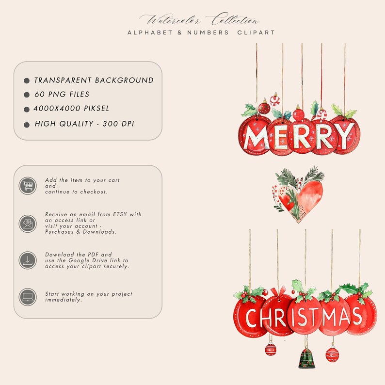 Christmas Alphabet Numbers Clipart – Watercolor Festive Letters PNG ...