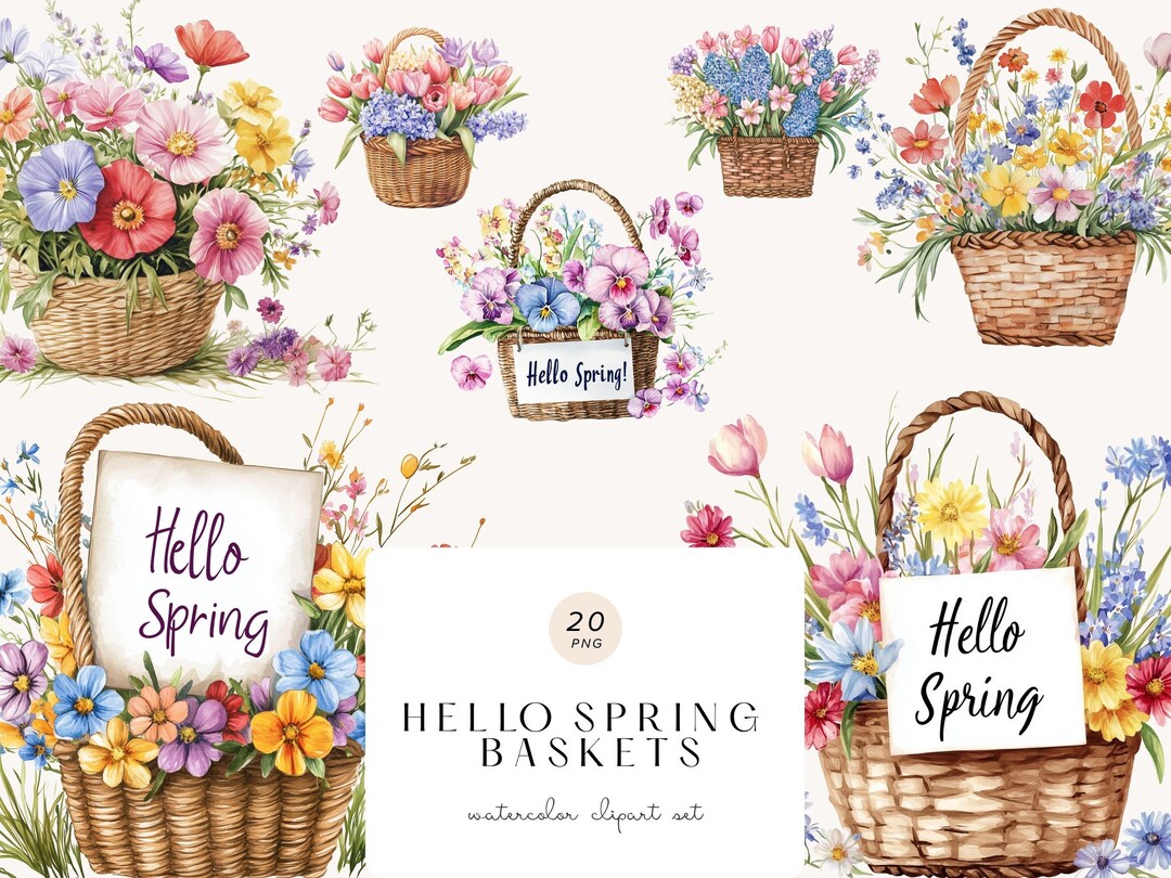 Watercolor Spring Flowers Clipart – Floral Baskets & Summer Flower Art ...