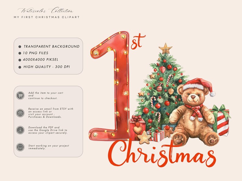Watercolor My First Christmas Clipart – Baby 1st Holiday PNG, Teddy ...