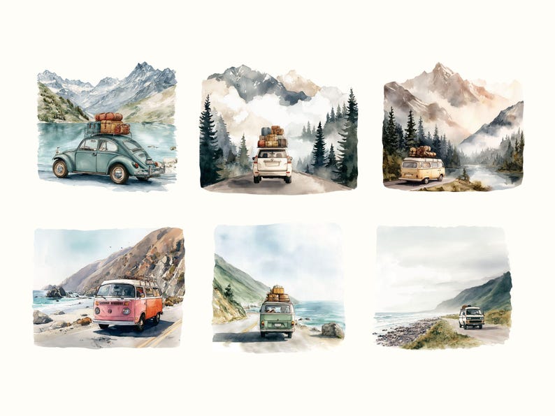 Watercolor Roadtrip Clipart, Summer Travel Landscape (digital Download ...