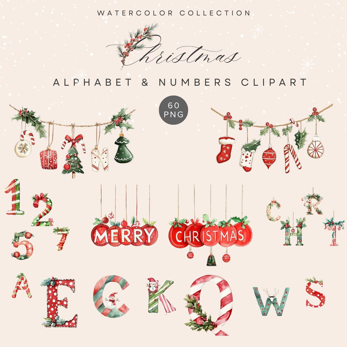 Christmas Alphabet Numbers Clipart – Watercolor Festive Letters PNG ...
