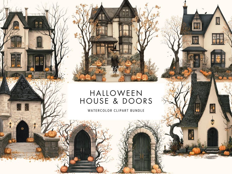 Watercolor Haunted House Clipart – Spooky Door & Witch Home Art ...
