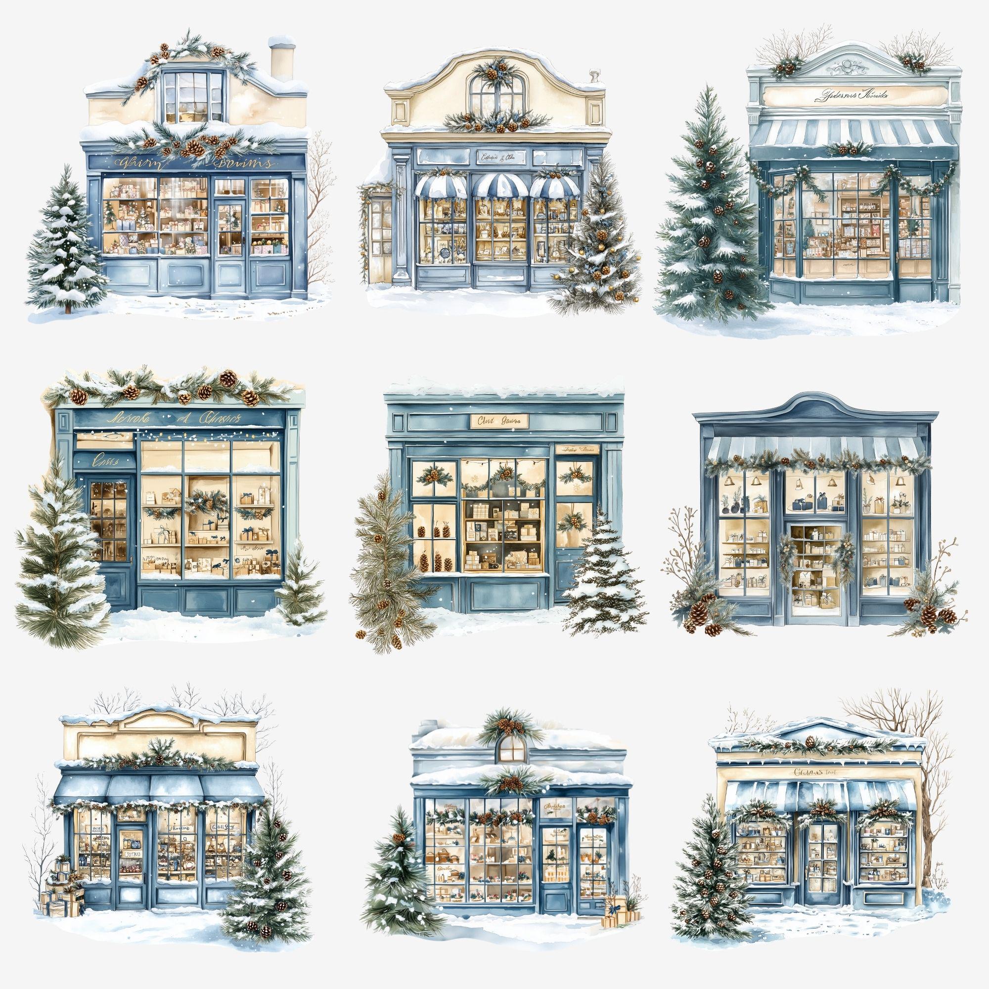 Watercolor Winter Shop Clipart – Cozy Storefront Art, Snowy Café ...
