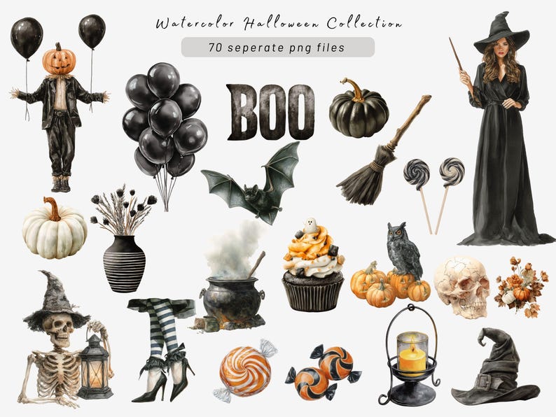 Watercolor Halloween Clipart – Witch & Ghost Art, Spooky PNG Set ...