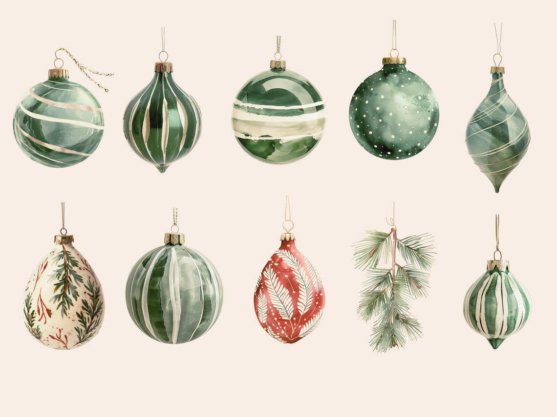 Watercolor Christmas Ornament Clipart – Red Green Bauble PNG, Festive ...