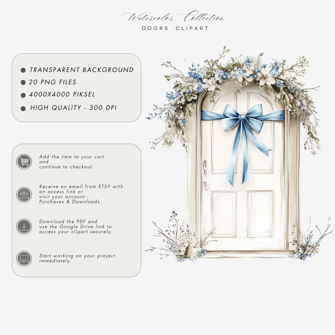 Watercolor Winter Doors Clipart, Holiday Doors With Wreaths, Snow, and ...