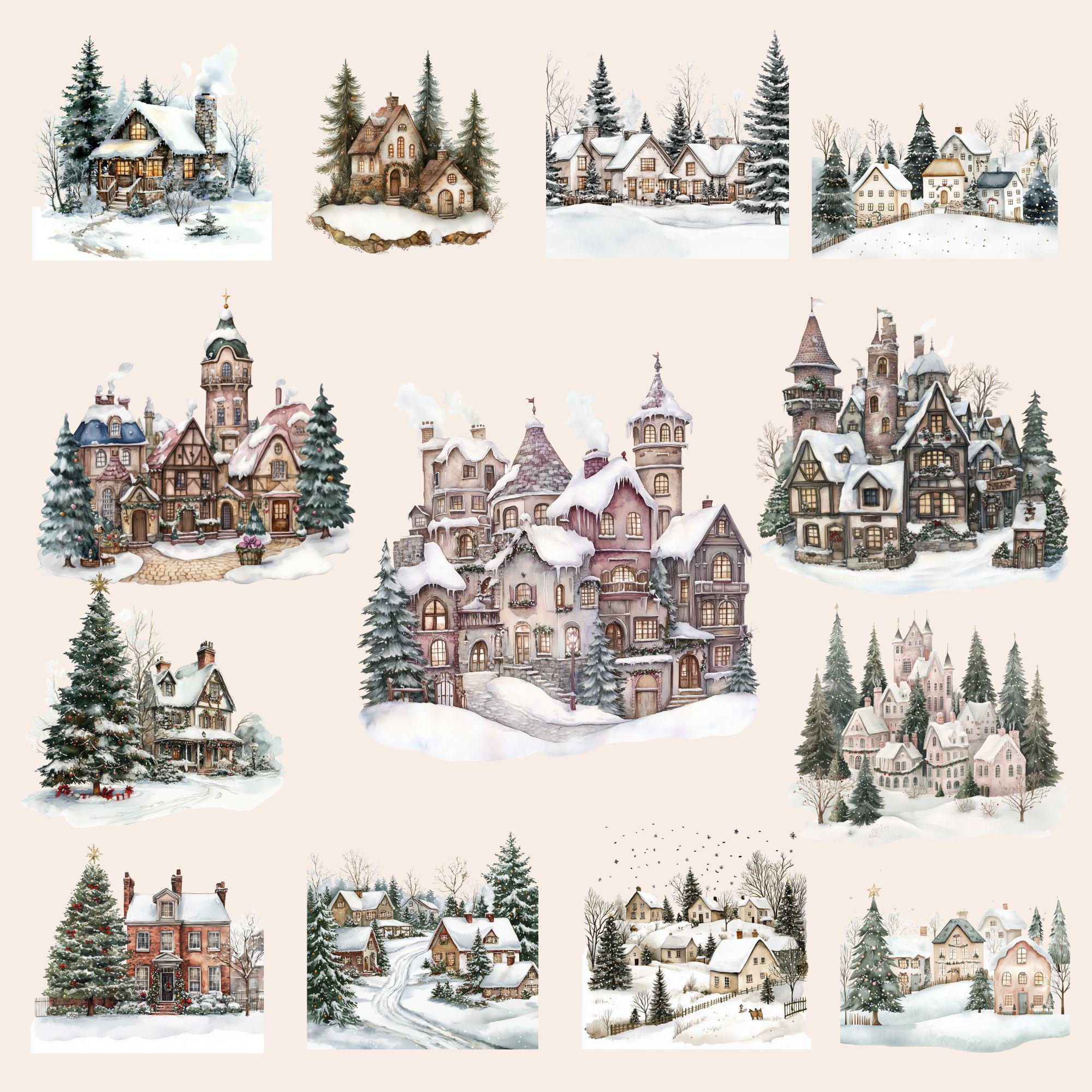 Watercolor Christmas House Clipart | Snowy Cabins, Holiday Doors ...