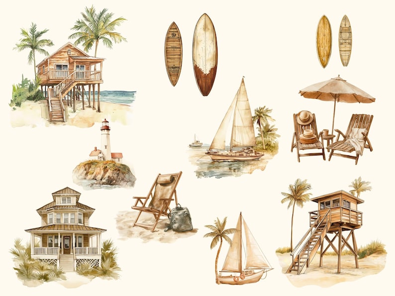 Watercolor Boho Beach Clipart, Summer Travel Graphics (digital Download ...