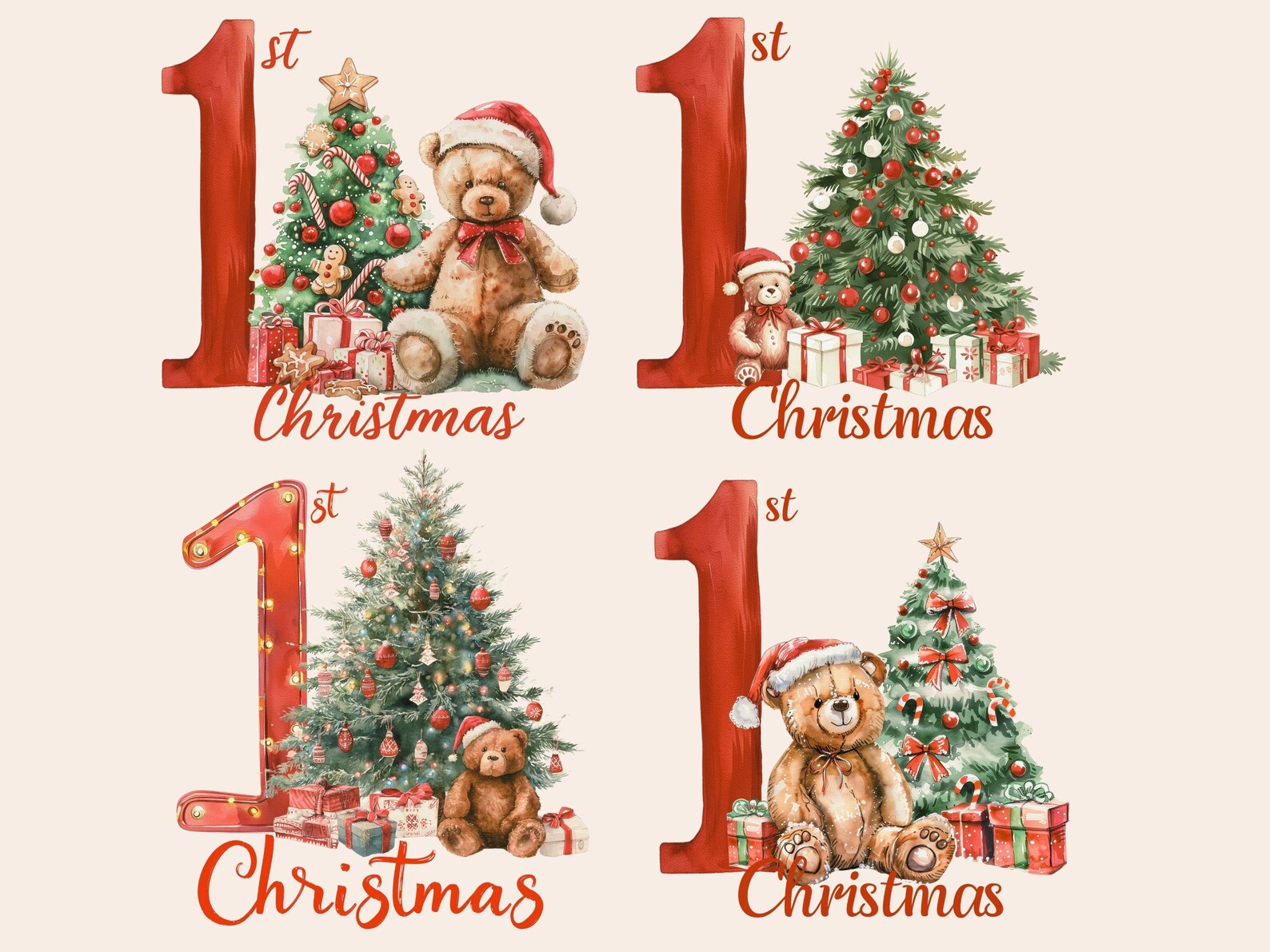 Watercolor My First Christmas Clipart – Baby 1st Holiday PNG, Teddy ...