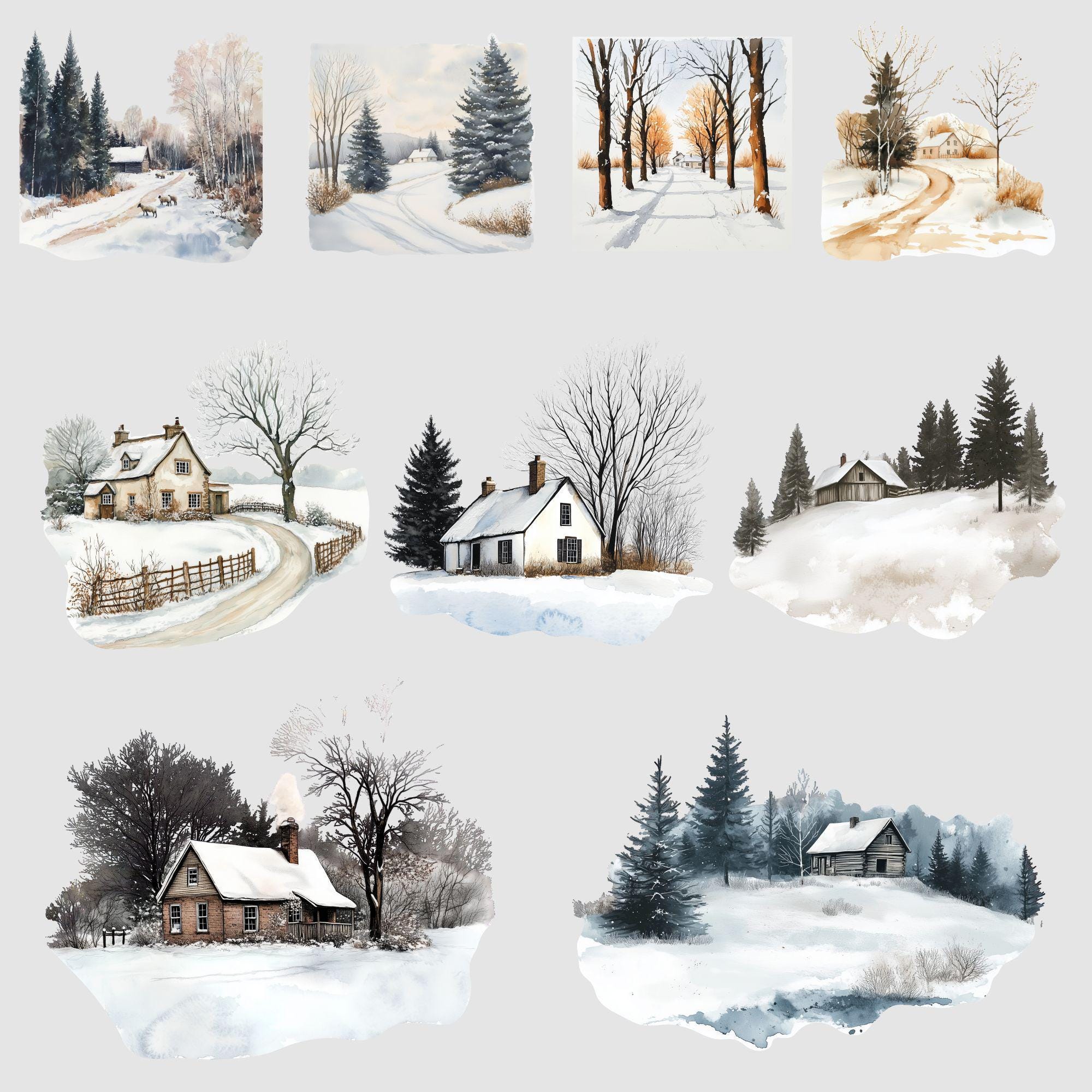 Watercolor Winter Countryside Clipart, Winter Scenery Landscapes ...