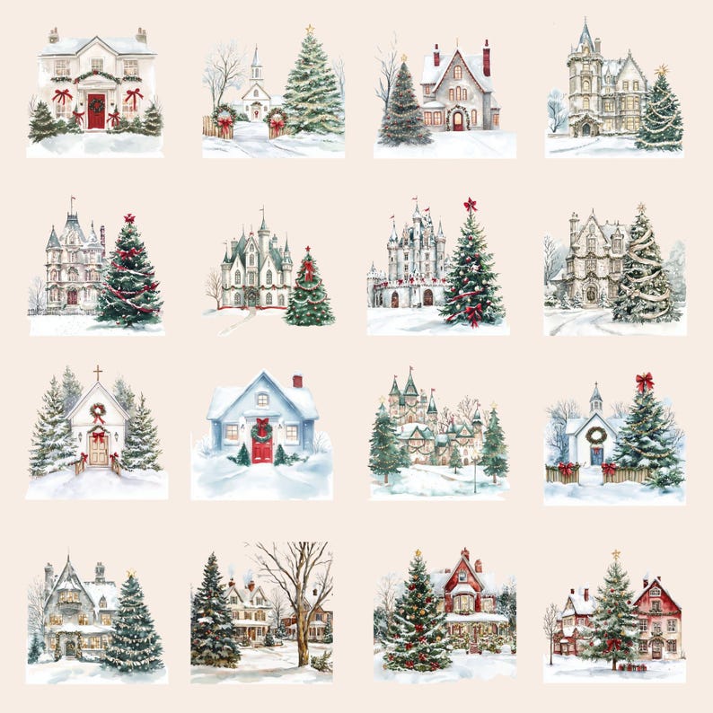 Watercolor Christmas House Clipart | Snowy Cabins, Holiday Doors ...