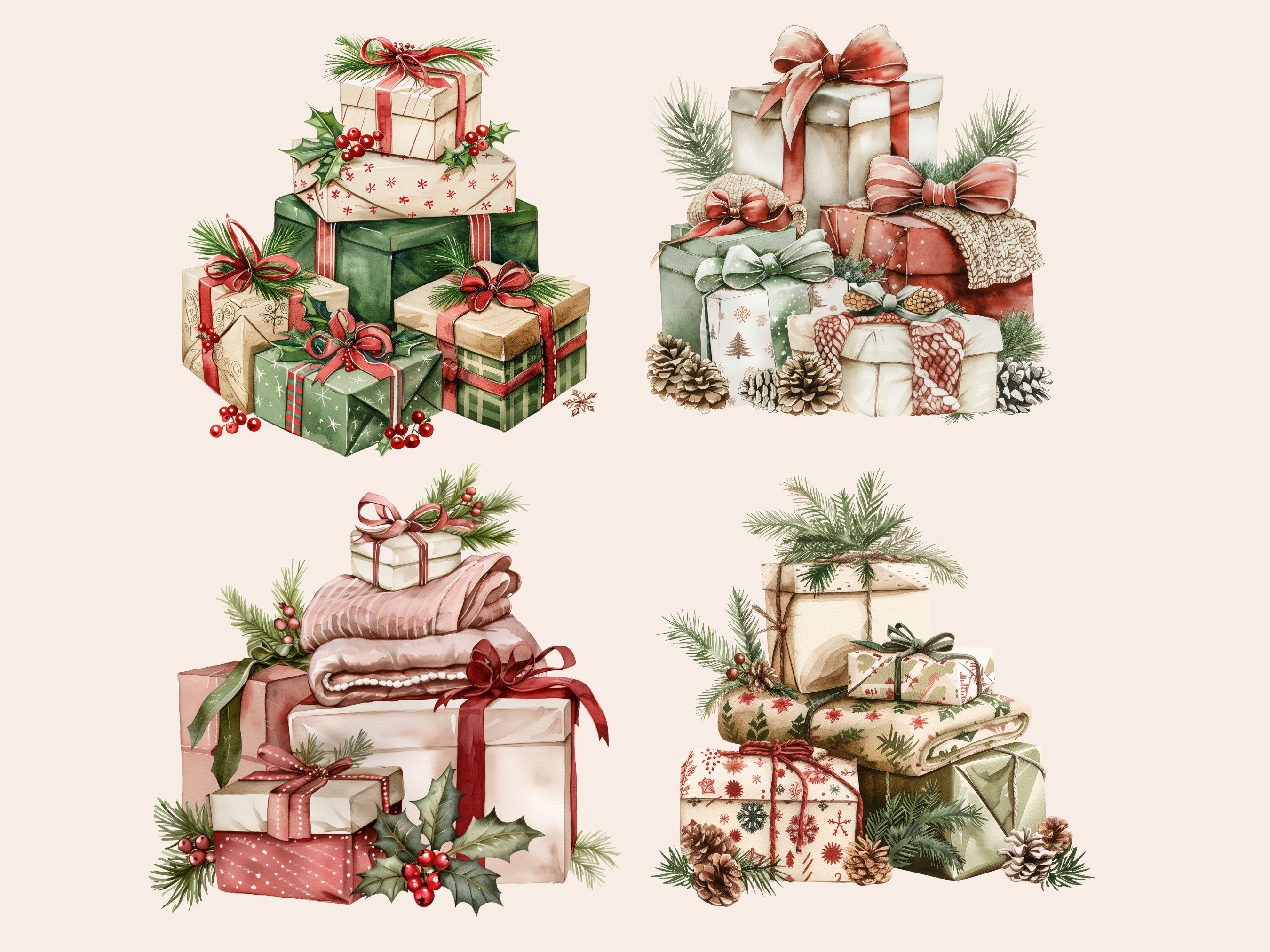 Watercolor Christmas Gift Box Clipart – Festive Holiday Presents PNG ...