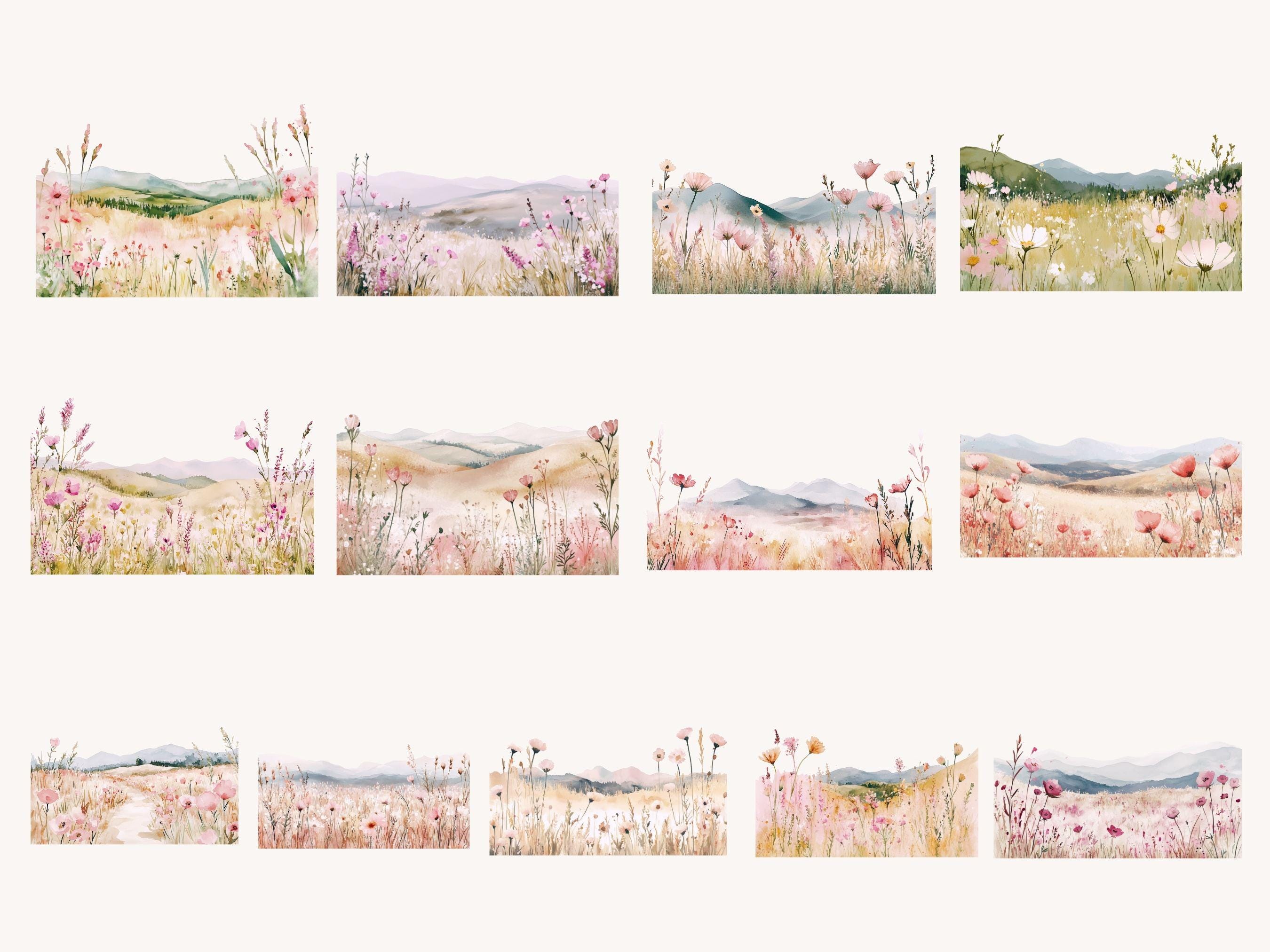 Watercolor Meadow Field Clipart – Floral Landscape Art, Digital ...