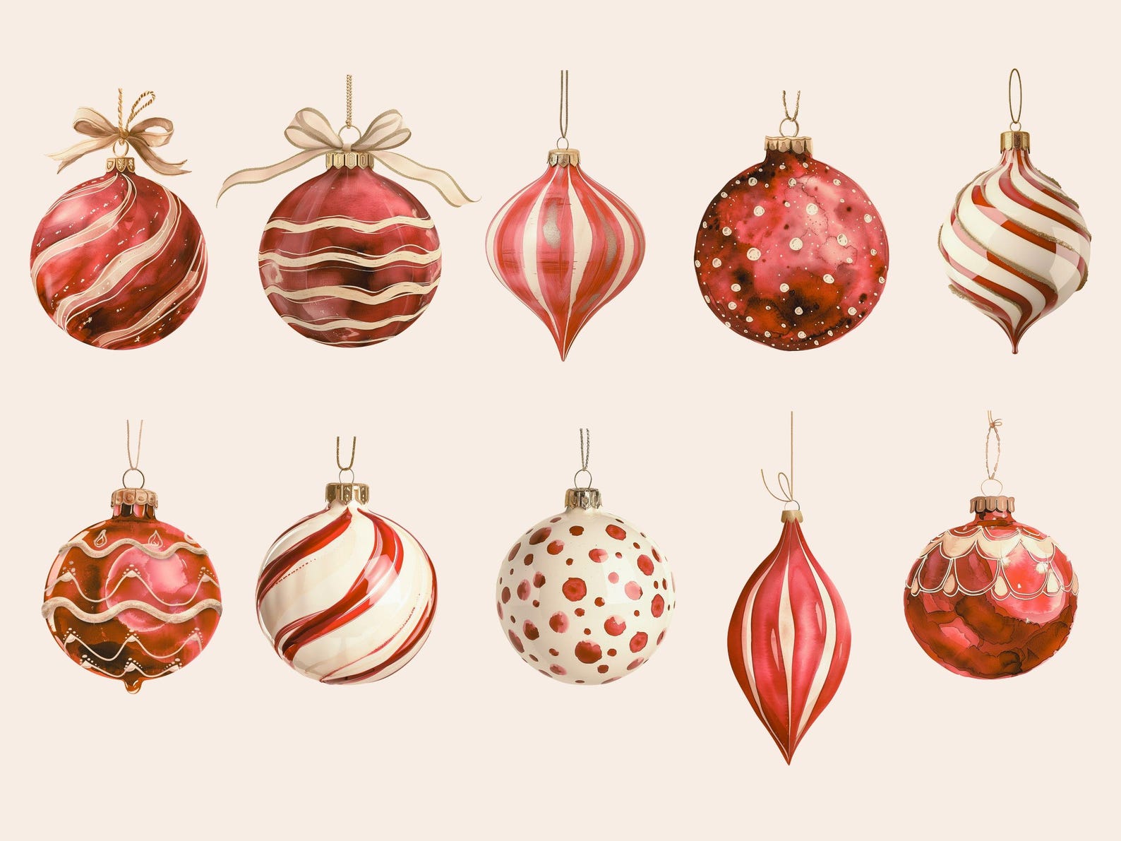 Watercolor Christmas Ornament Clipart – Red Green Bauble PNG, Festive ...