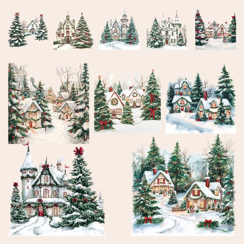 Watercolor Christmas House Clipart | Snowy Cabins, Holiday Doors ...