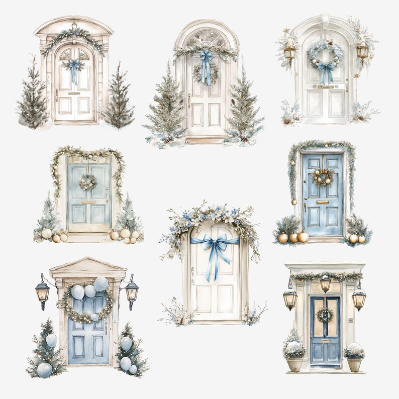 Watercolor Winter Doors Clipart, Holiday Doors With Wreaths, Snow, and ...