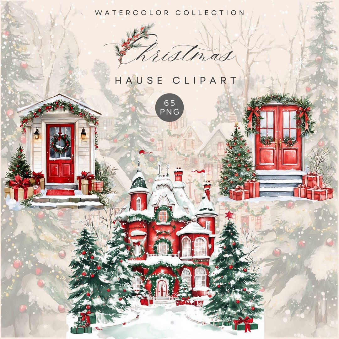 Watercolor Christmas House Clipart | Snowy Cabins, Holiday Doors ...