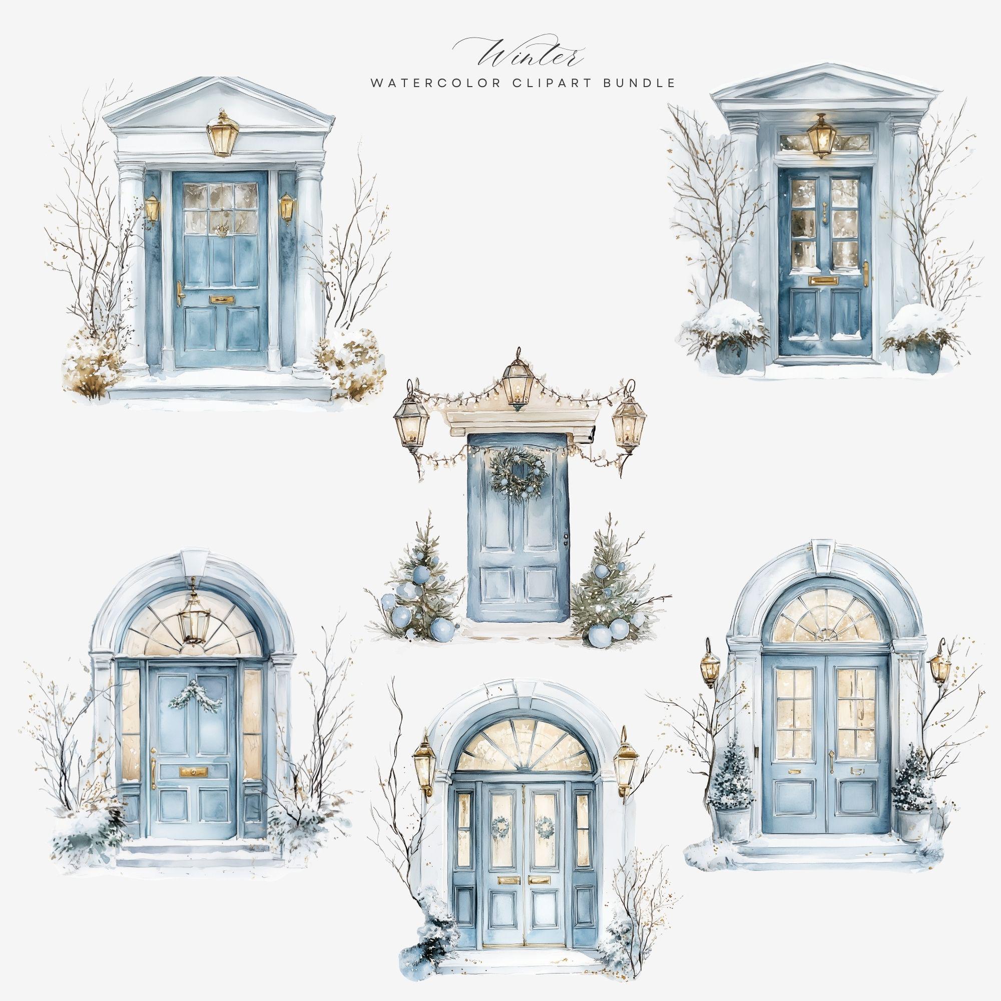 Watercolor Winter Doors Clipart, Holiday Doors With Wreaths, Snow, and ...