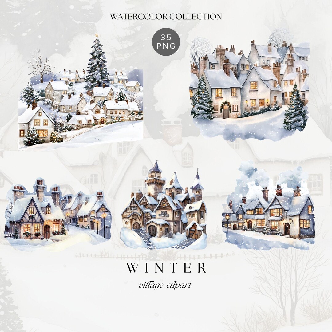 Watercolor Winter Village Clipart – Cozy Holiday Town Art, Snowy ...