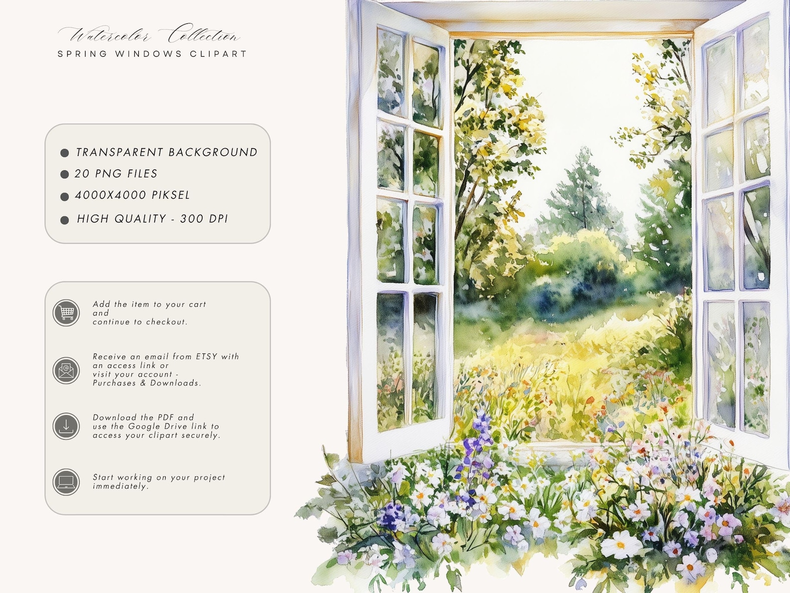Watercolor Spring Windows Clipart, Spring Window View Clipart Png ...