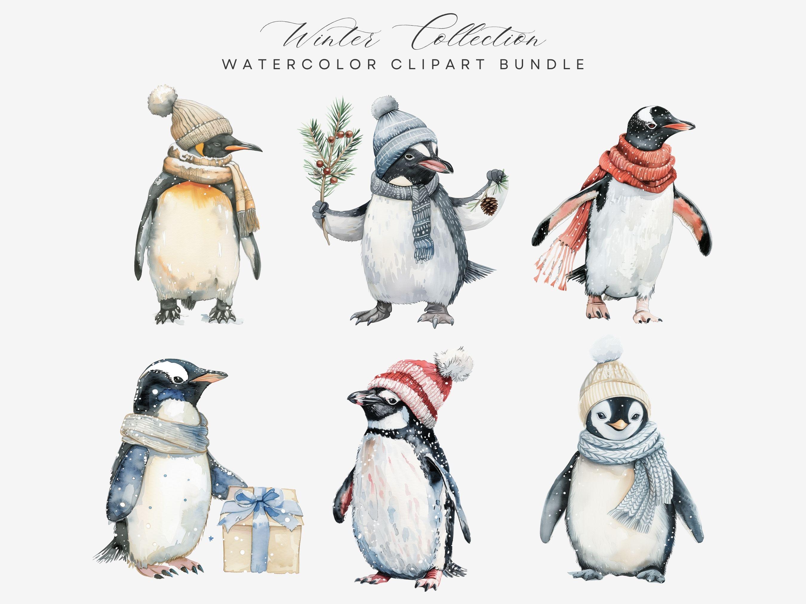 Watercolor Winter Penguin Clipart, Winter Animals Clipart, Penguin ...