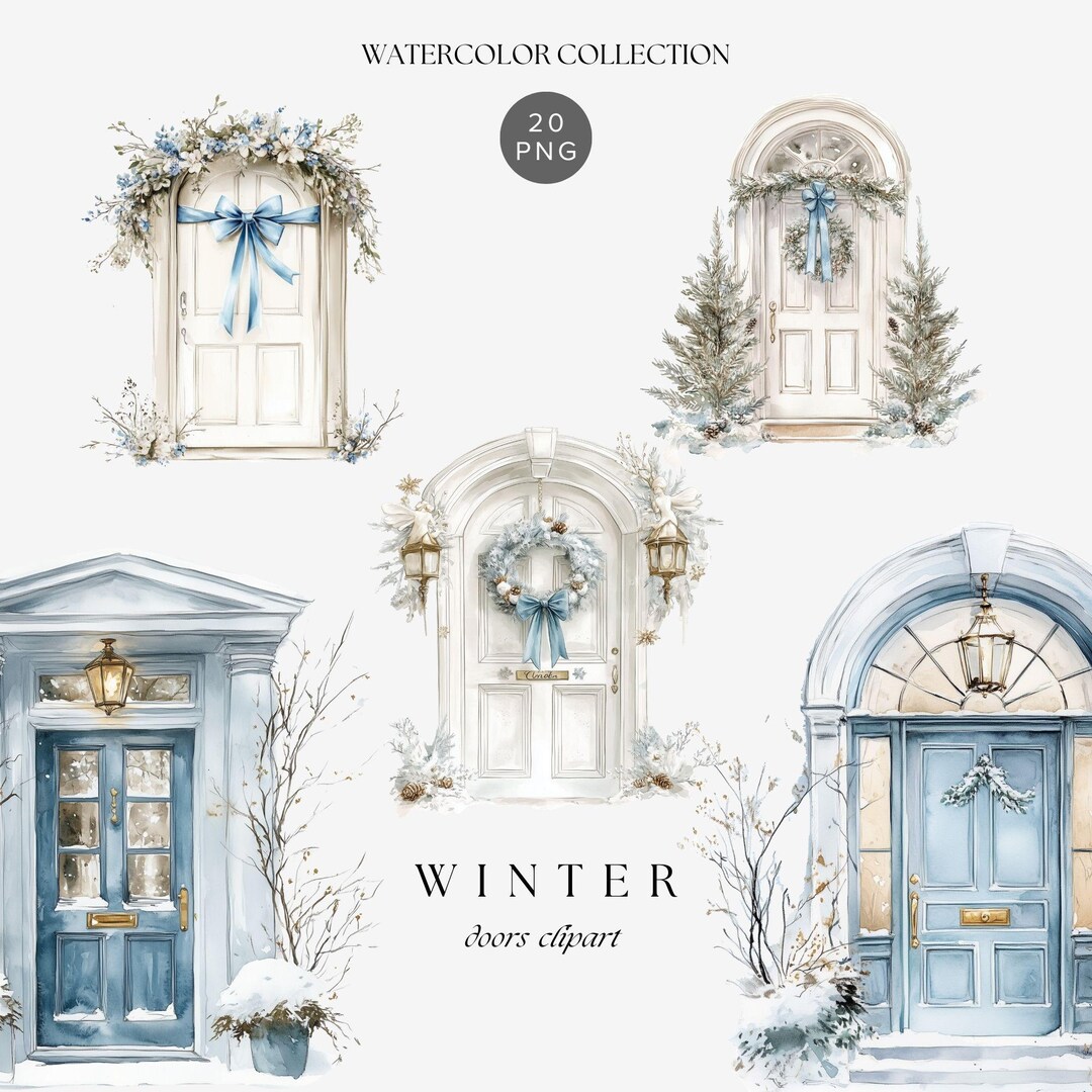 Watercolor Winter Doors Clipart, Holiday Doors With Wreaths, Snow, and ...