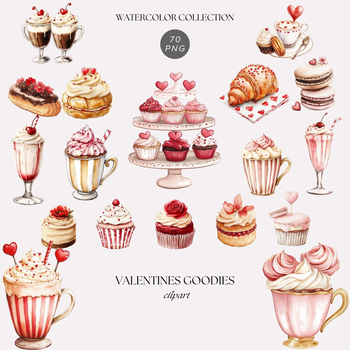 Watercolor Valentine Goodies Clipart – Love Sweets, Cake & Coffee Art ...