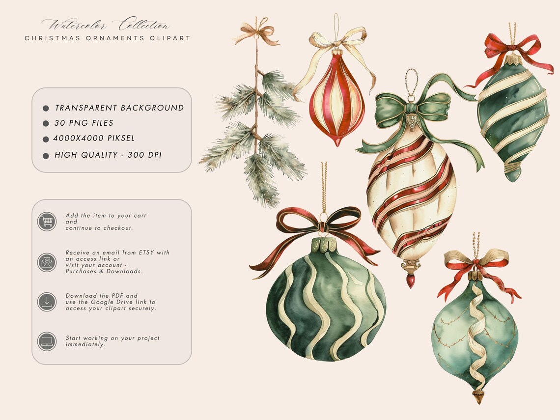Watercolor Christmas Ornament Clipart – Red Green Bauble PNG, Festive ...