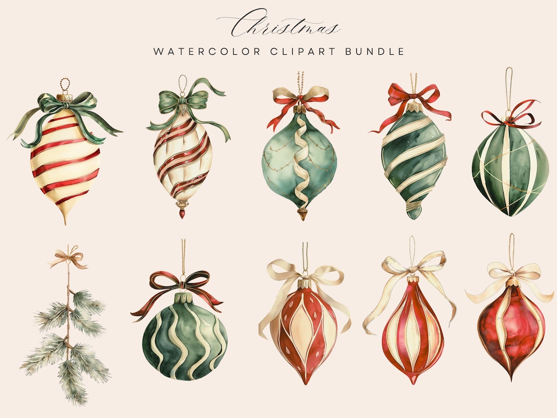 Watercolor Christmas Ornament Clipart – Red Green Bauble PNG, Festive ...