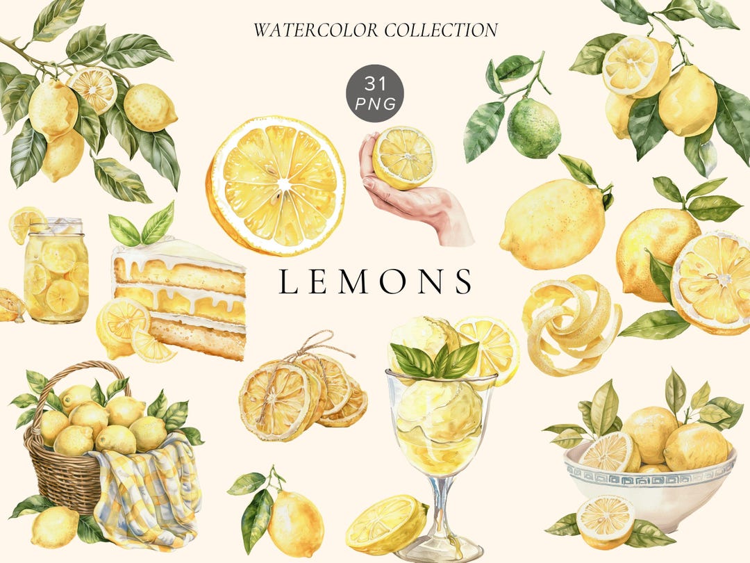 Watercolor Lemon Clipart Set – Citrus Fruit PNG, Kitchen Decor, Digital ...