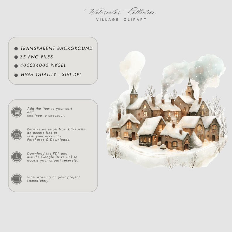 Watercolor Winter Village Clipart, Winter Scenery Landscape Clipart ...