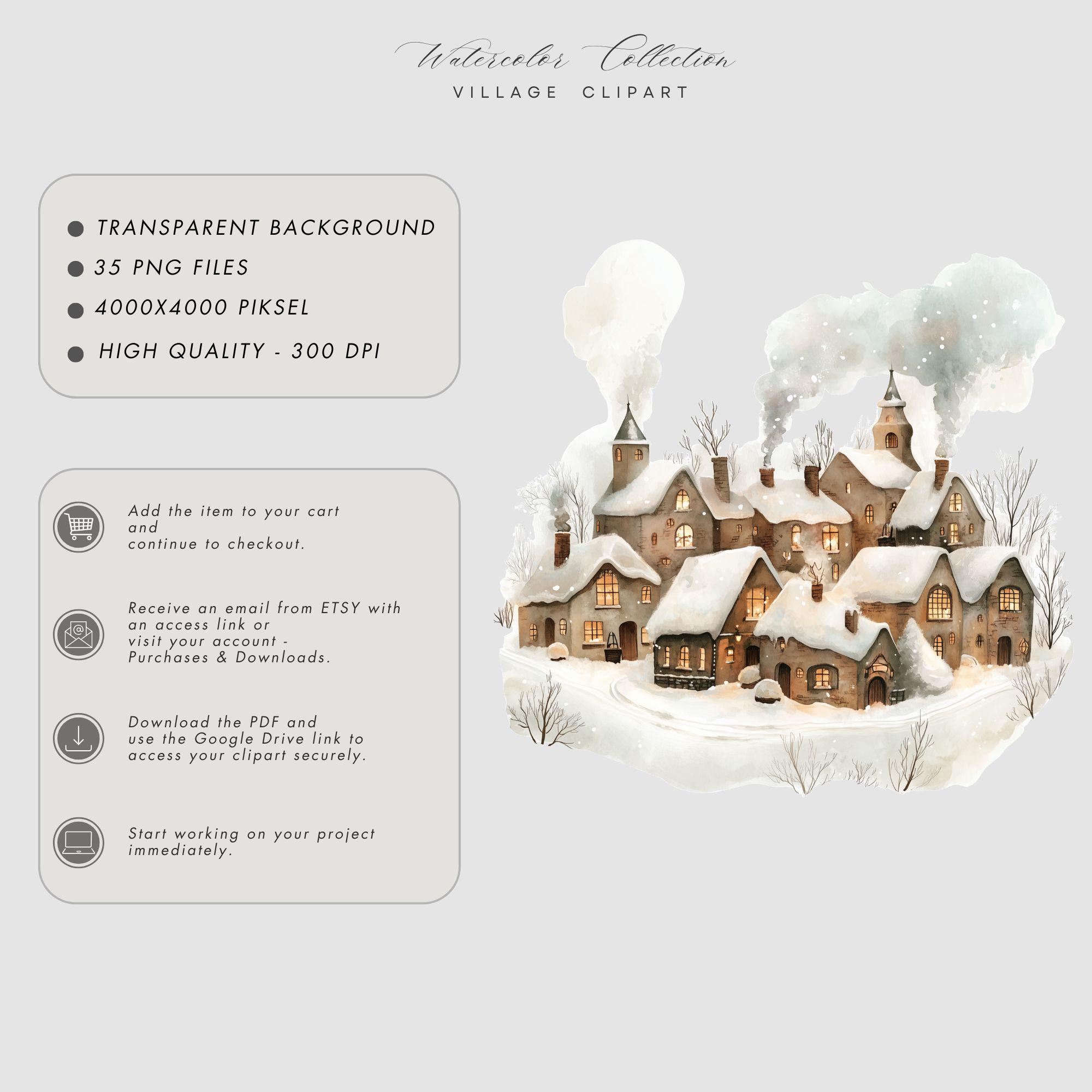 Watercolor Winter Village Clipart, Winter Scenery Landscape Clipart ...