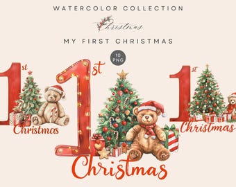 Watercolor Baby 1st Christmas Teddy Bear Sublimation Clipart PNG, Teddy ...