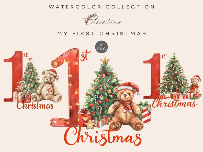 Watercolor My First Christmas Clipart – Baby 1st Holiday PNG, Teddy ...