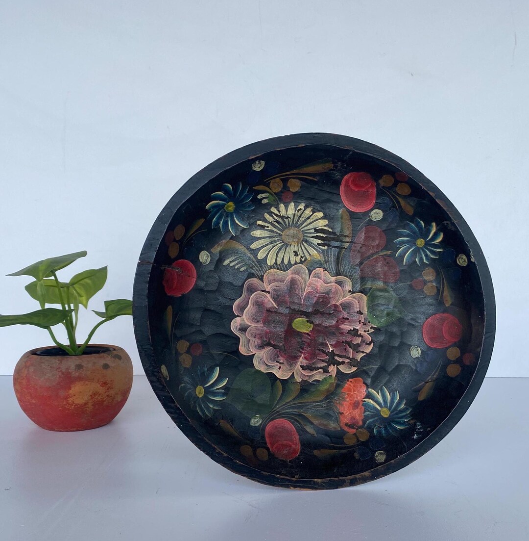 Vintage Mexican Folk Art Batea Bowl or Tray Hand Carved Decorative Tole ...