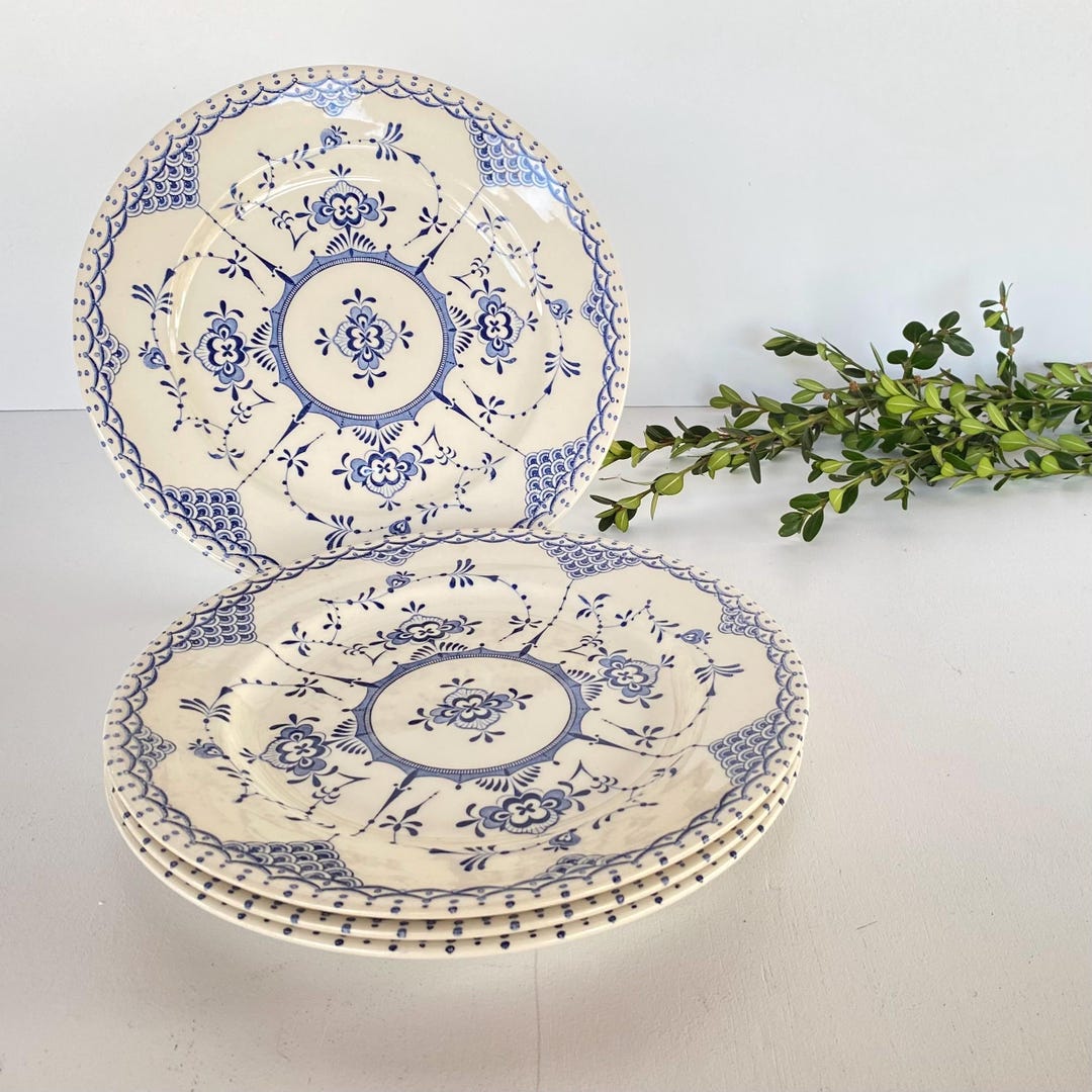 Four English Ironstone Tableware Dinner Plates Blue Floral and Scales ...